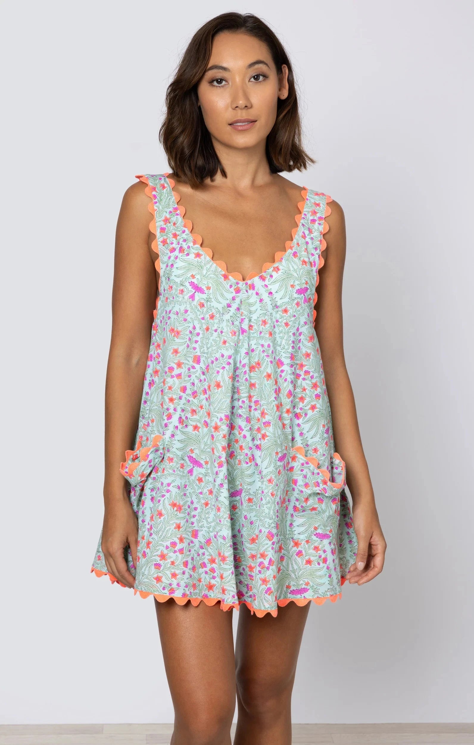 Low Back Dress Ditzy Block Print With Ric Rac Aqua/Neon Red – APOELLA
