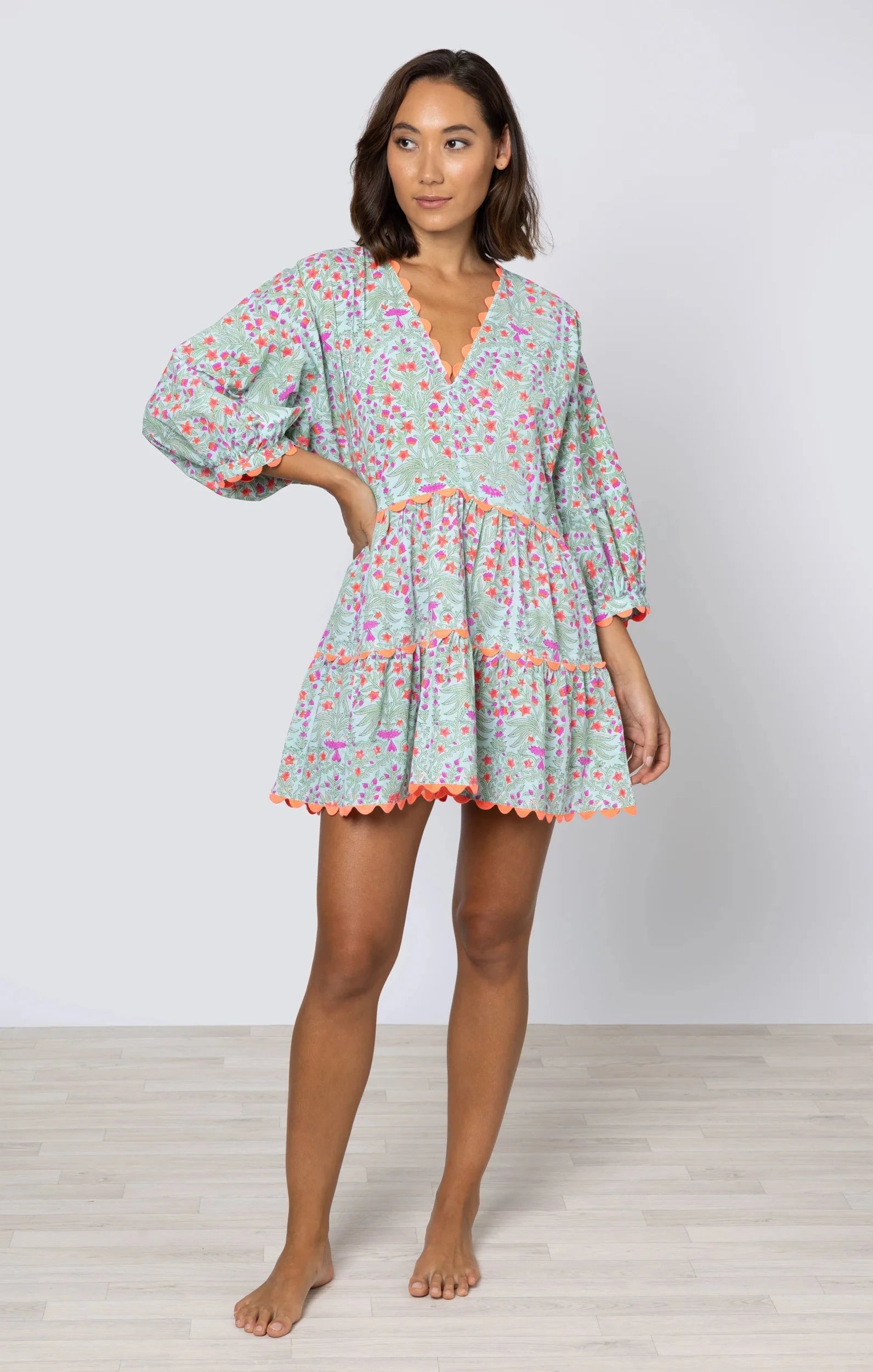 V-neck Tiered Mini Dress In Ditzy Print With Ric Rac Aqua/Neon Red ...